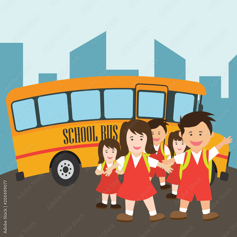 kids with uniform going to school riding yellow school bus in cartoon ...