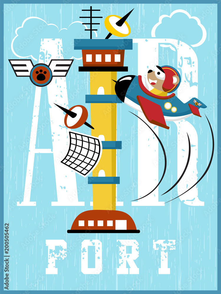 airport control tower cartoon vector with funny pilot on plane. Learn ...