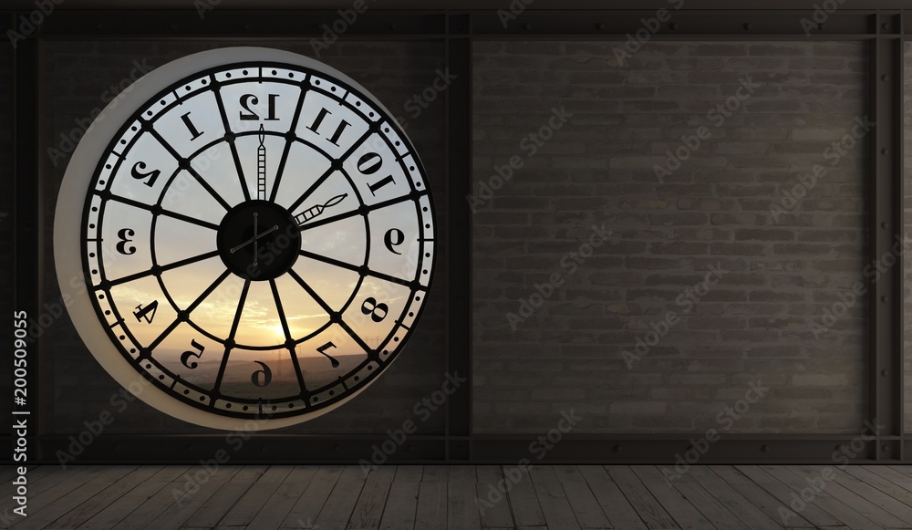 3D illustration. The interior of the old clock tower. Round clock ...