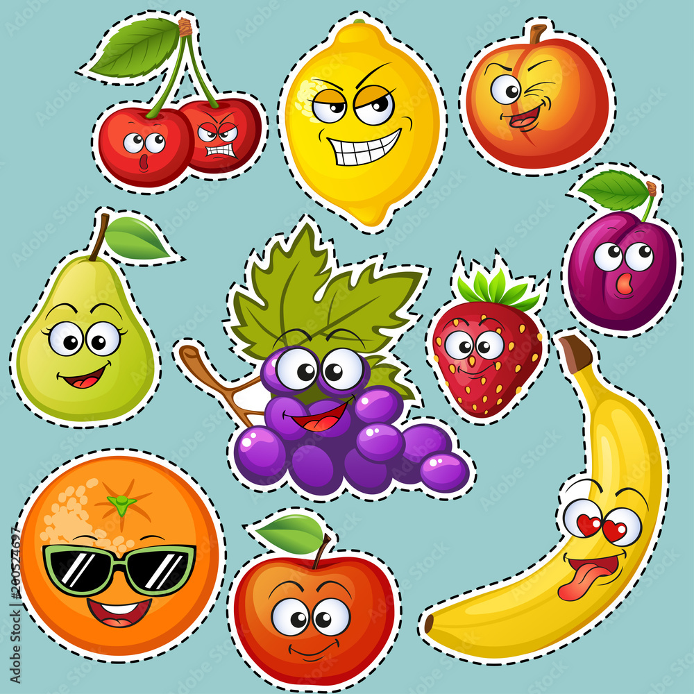 Cartoon fruit characters. Fruit emoticons. Stickers Grape, orange ...