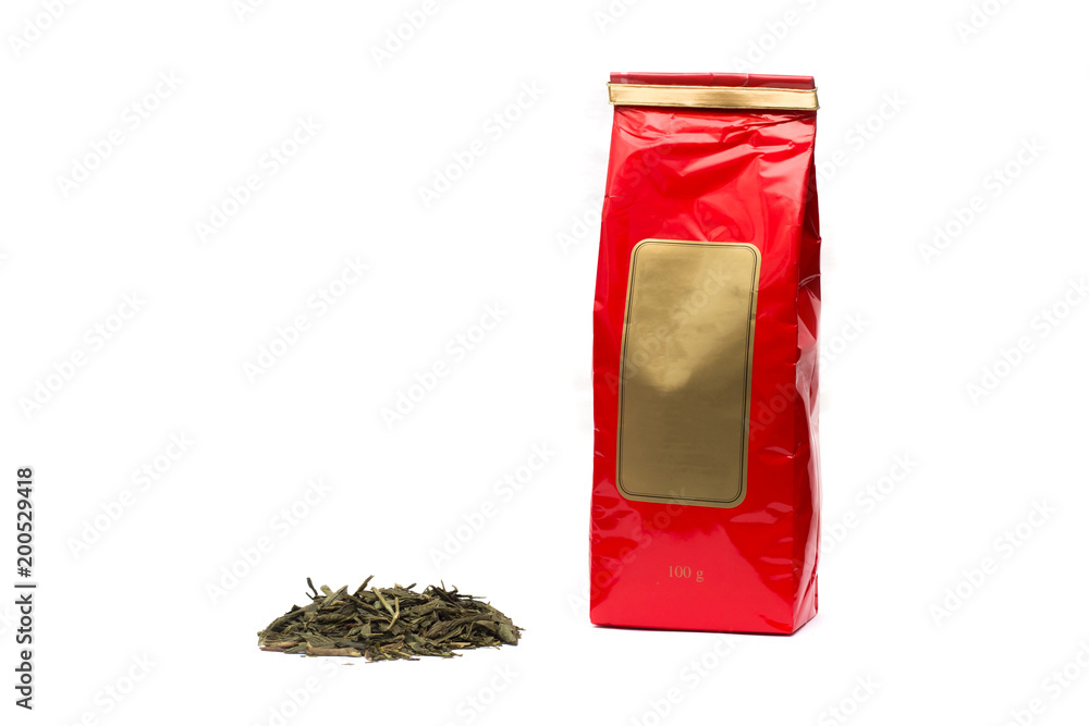 Pile of tea leaves and green tea packing on white background Stock ...