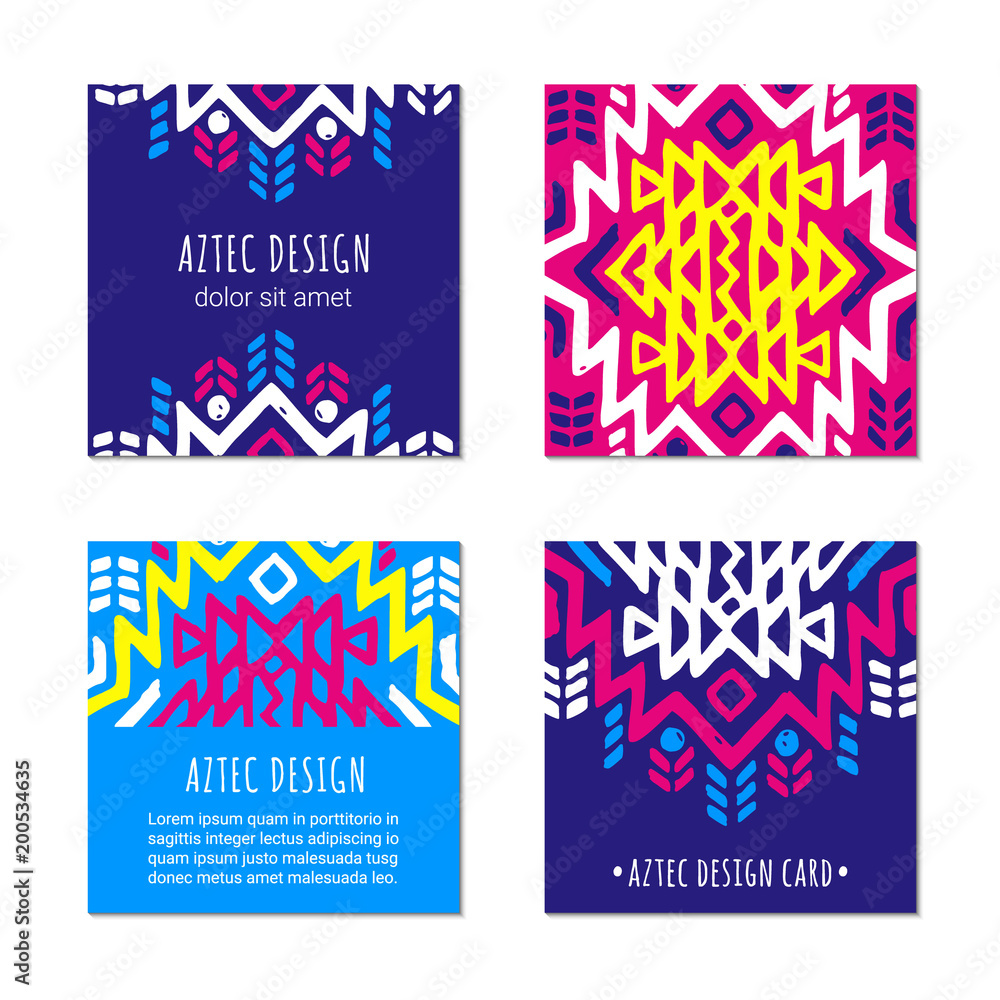 Aztec colorful hand-drawn square ornamental card template. American ...