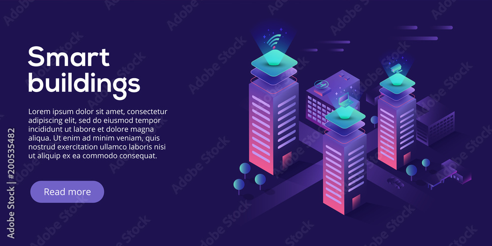Smart city or intelligent building isometric vector concept. Building ...