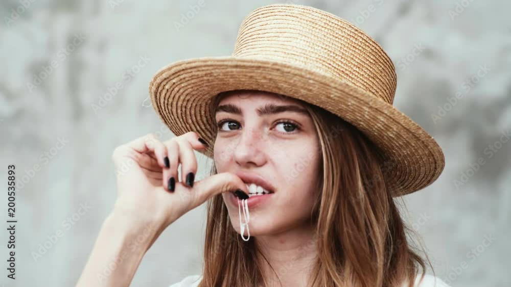 Beautiful Teen Girl Chewing Gum Beautiful Blonde Woman Blowing Pink