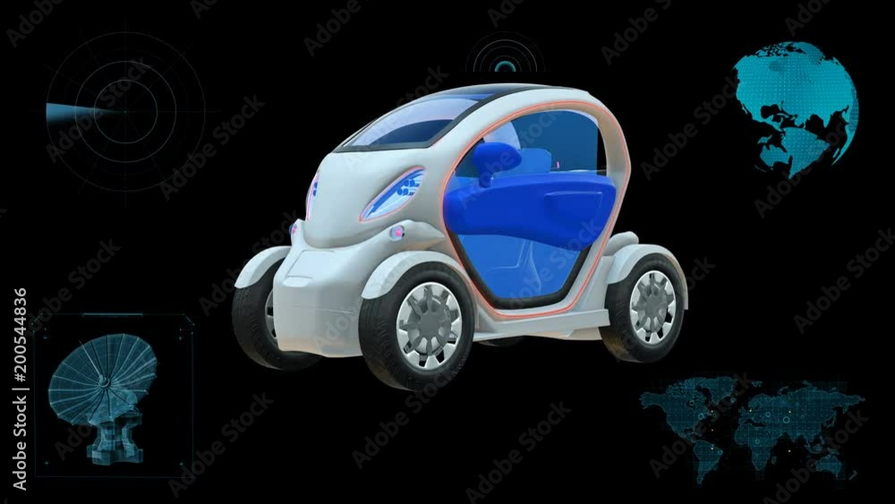 Driverless vehicle, autonomous electric car driving on black background ...