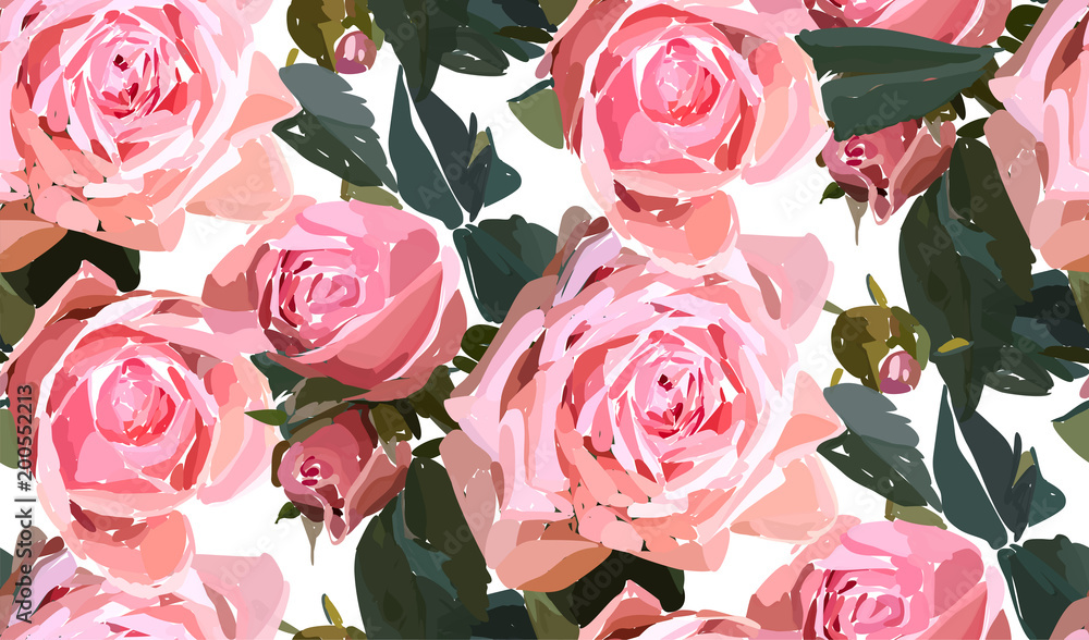 Floral seamless background pattern. Watercolor pink garden roses in ...