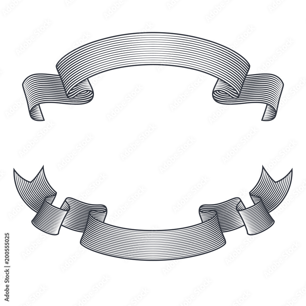 Monochrome set vintage tapes in engraving style. Old heraldic ribbons ...