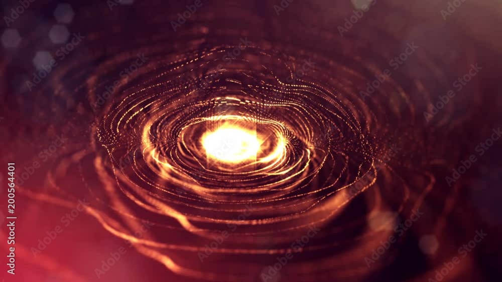 3d loop animation as science fiction background of glowing particles with depth of field and ...