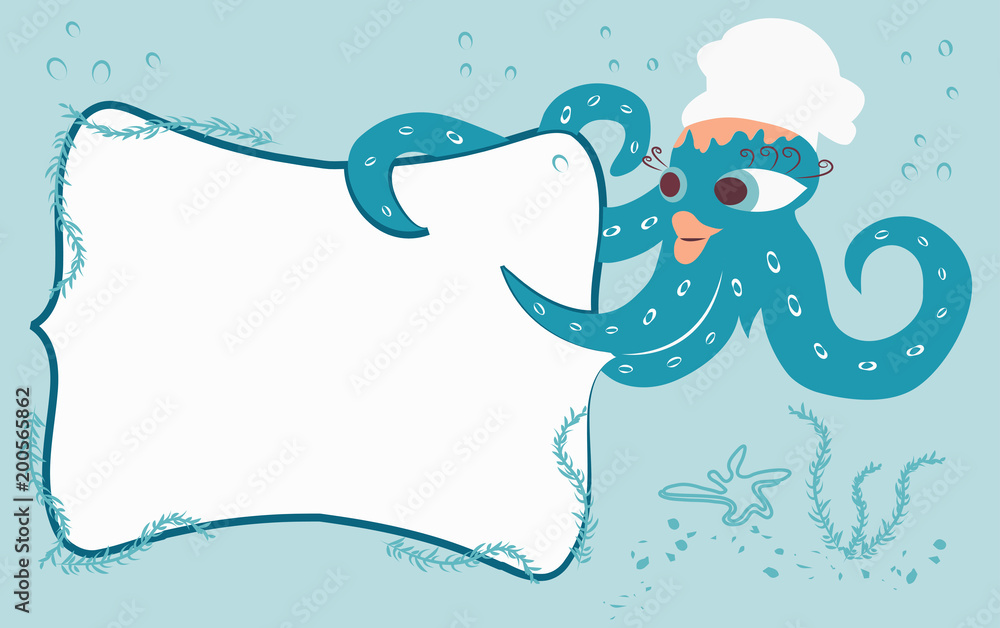 wild sea animal in cartoon style: octopus. modern, color, frame or ...