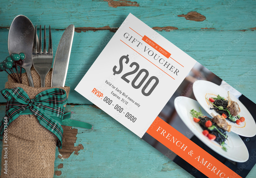 Restaurant Gift Voucher with Orange Accents Stock Template | Adobe Stock