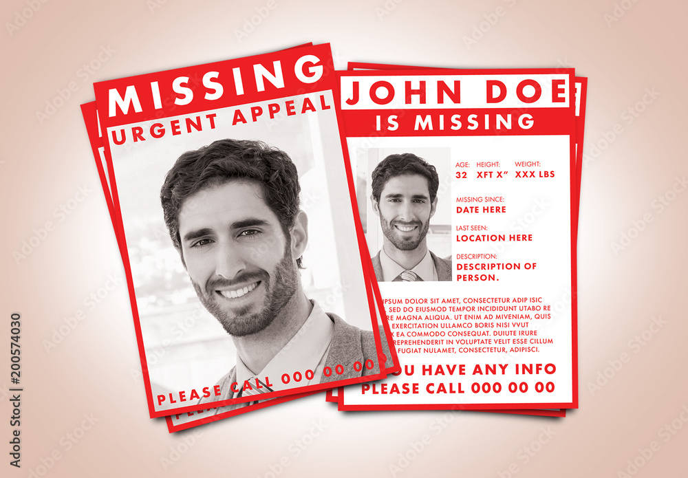 Missing Person Flyer Layout with Red Accents Stock Template | Adobe Stock