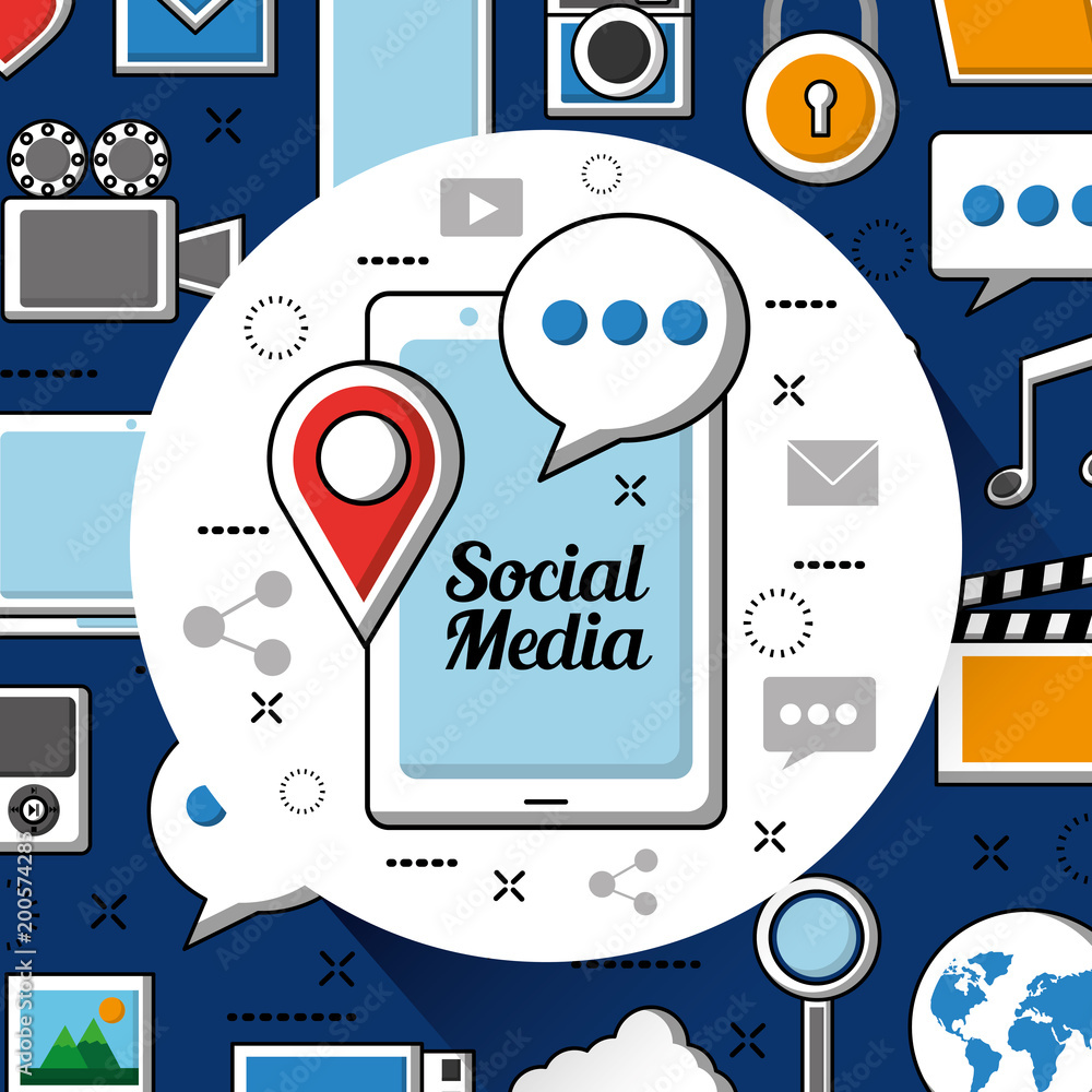 social media networks tools media bubble with phone and text location vector illustration Stock ...