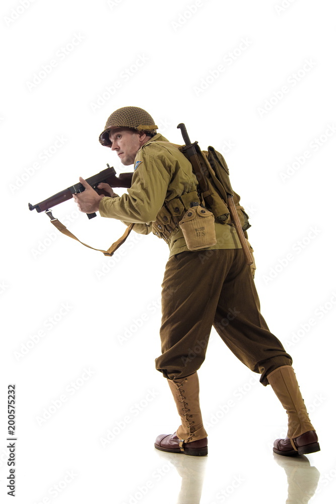 Man actor in military uniform of American ranger of World War II period ...