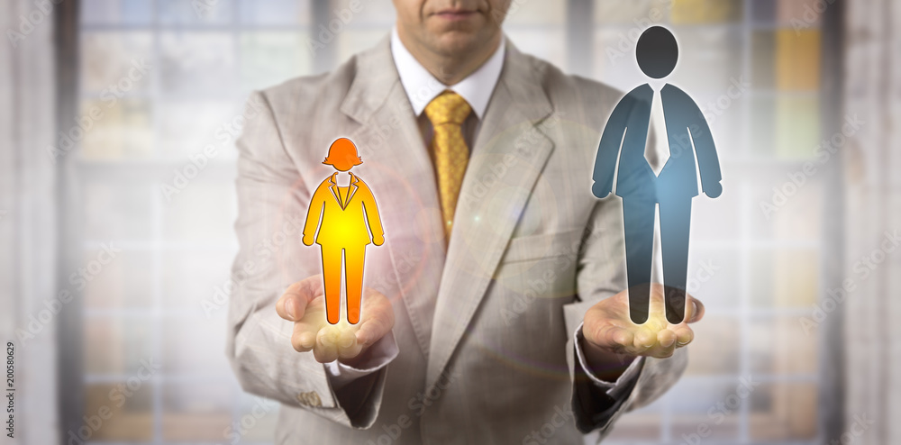 Man Comparing Small Female With Big Male Worker Stock Photo | Adobe Stock