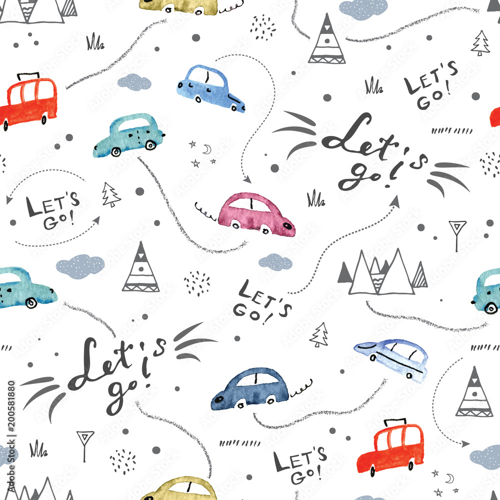 Seamless pattern with small cars and road signs on white background ...