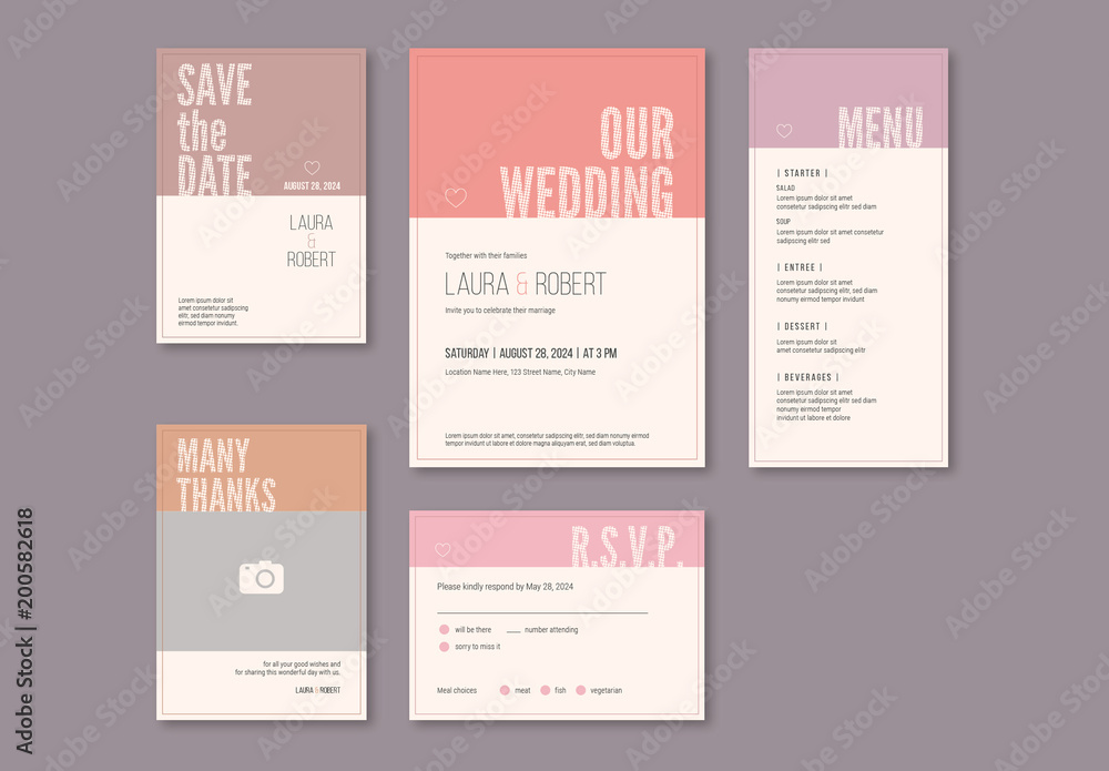 Wedding Invitation Set with Pastel Headers Stock Template | Adobe Stock