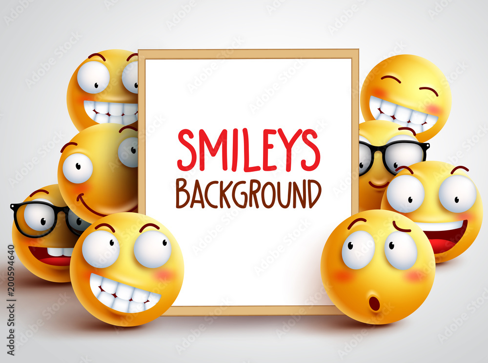 Smileys vector background. Yellow emoticons with funny and happy facial ...
