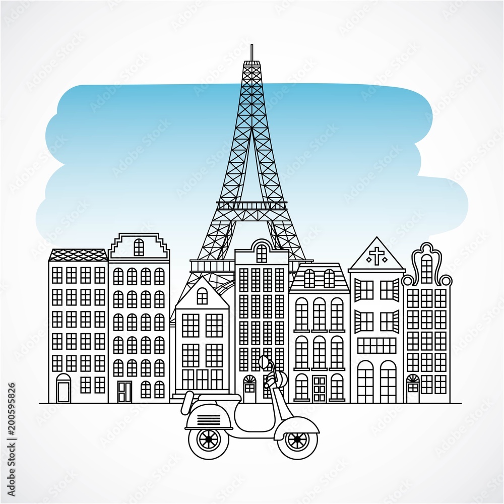 france paris architecture downtown tower eiffel and scooter Stock ...