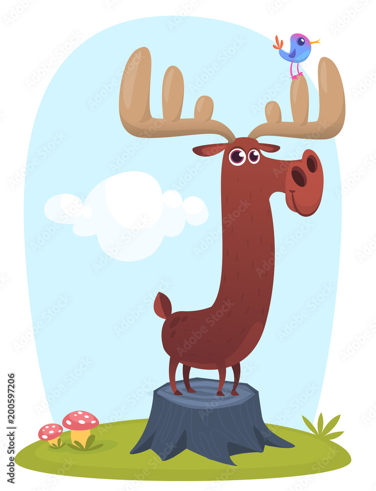 Cool cartoon moose standing on a stump. Vector illustration isolated on ...