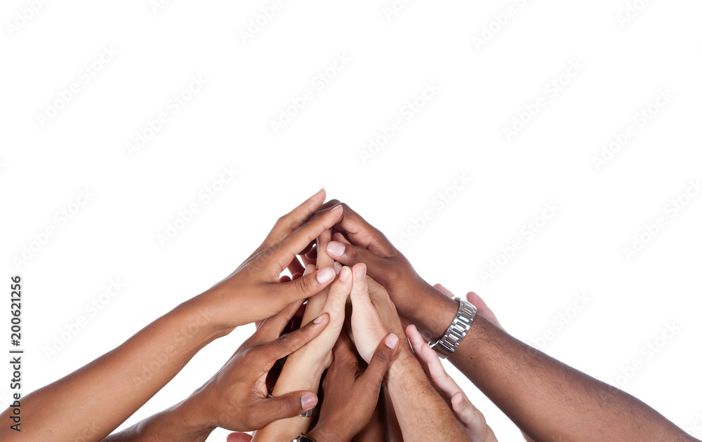 Large group of people cheering together celebrating success, hands only ...