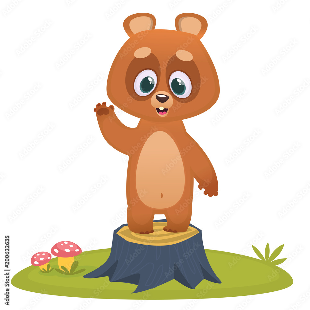Cartoon happy bear waving hand stand on a tree stump. Vector ...