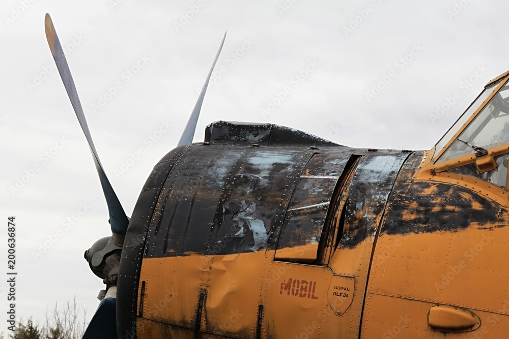 Detail of old propeller civil aircraft used for parachute training ...