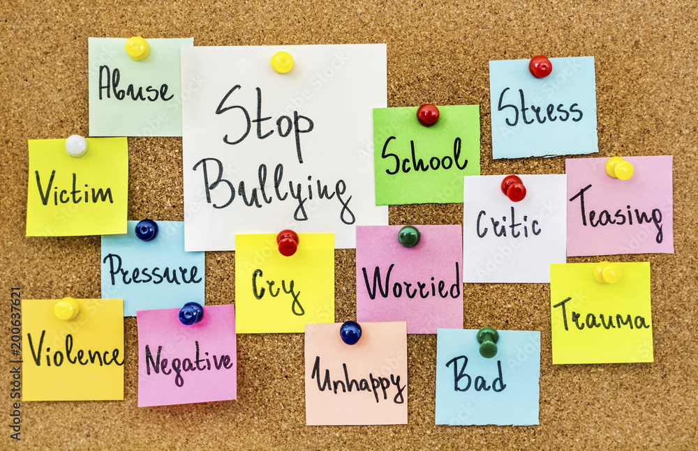 Stop Bullying, Word Cloud Concept with Sticky Notes on Cork Background ...