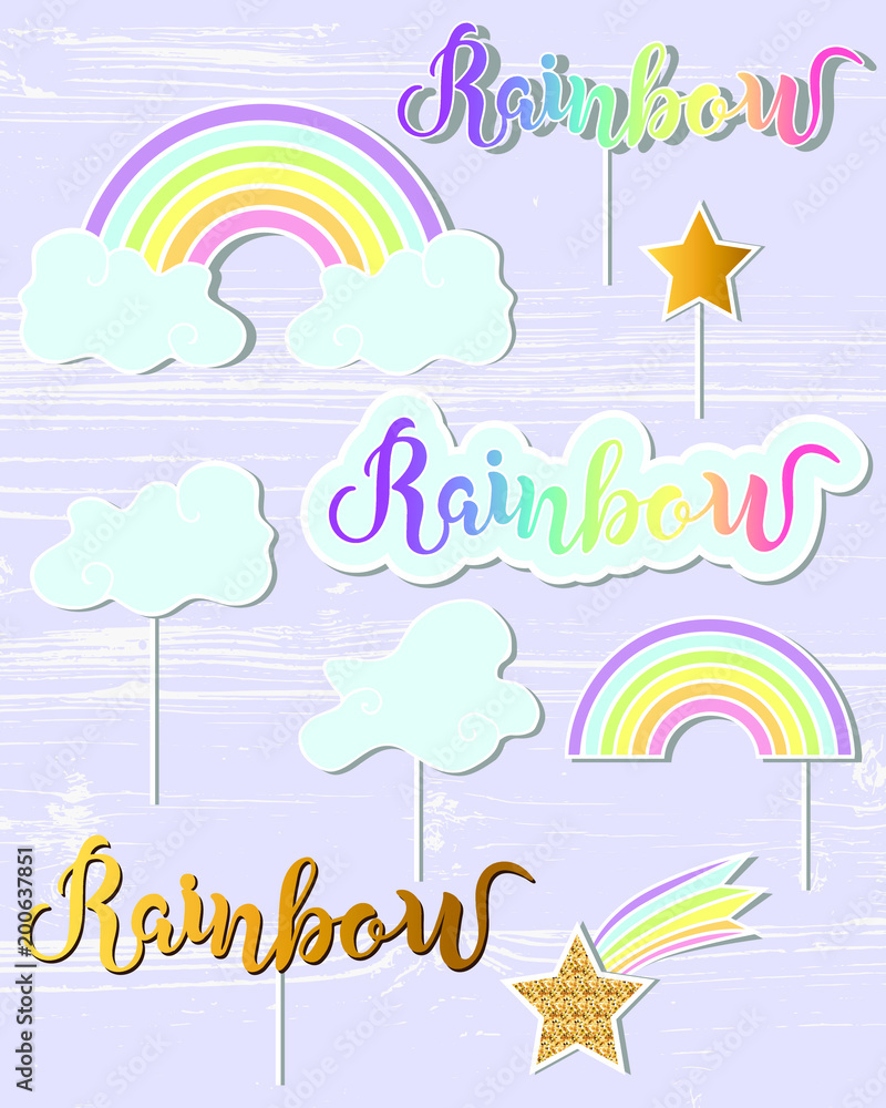 Vector set with Rainbow, cloud, star. Handwritten lettering Rainbow ...