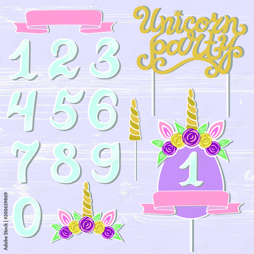 Vector set with Unicorn Party text, Unicorn Tiara, Horn, number ...
