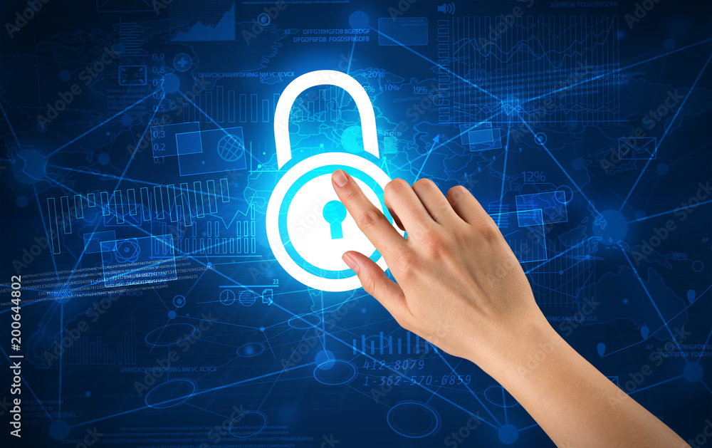 Female hand touching blue lock with charts and graphs in the background ...