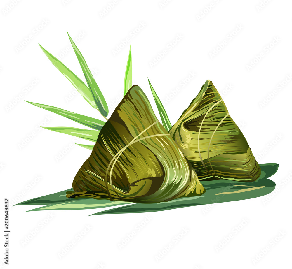 Chinese rice dumplings (zongzi) wrapped in bamboo leaves. Realistic ...