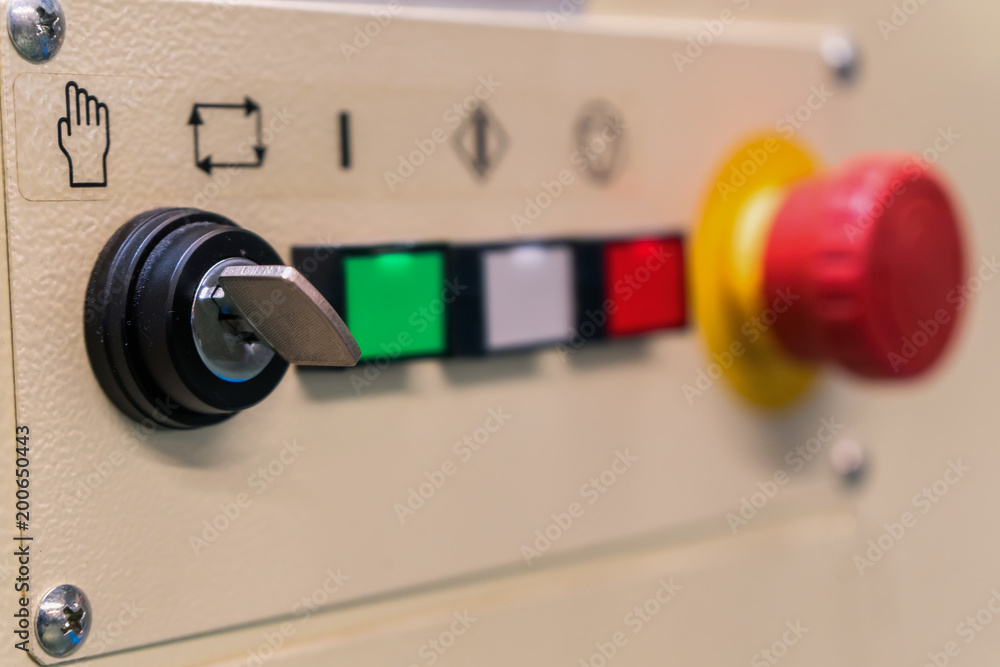 Key switch select auto-manual mode, emergency stop and power switch on ...