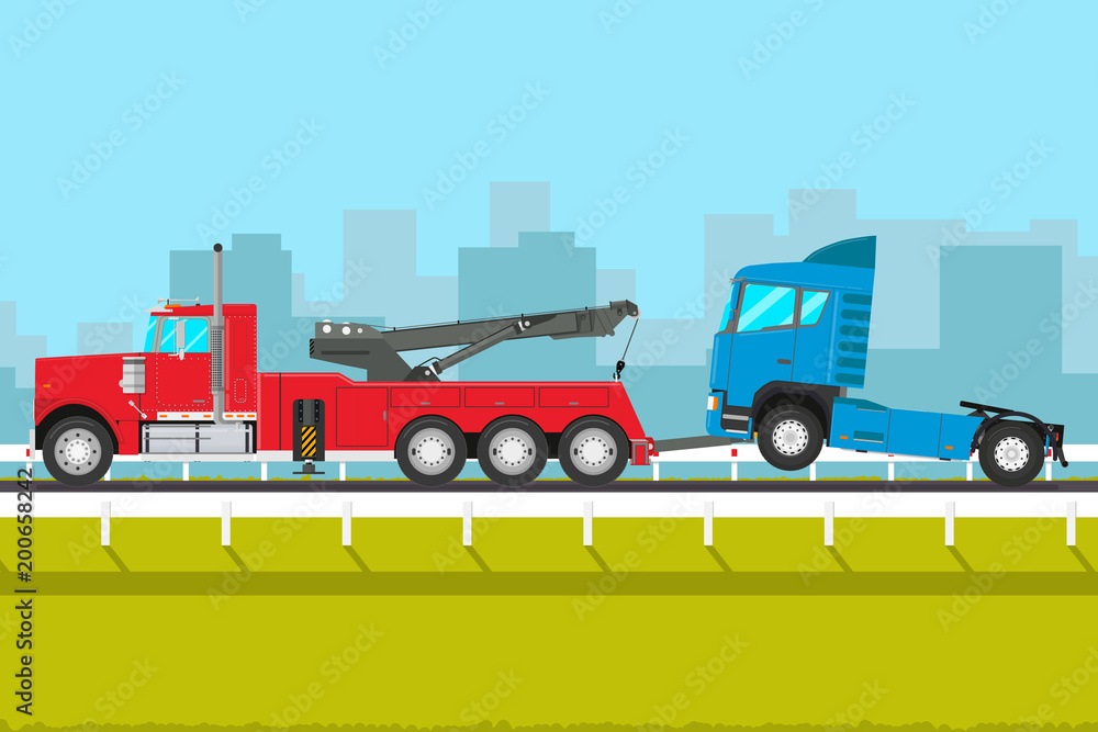 The rescue truck pulls in the service of a broken car. Vector ...