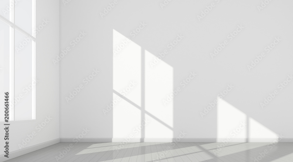 3D stimulate of white room interior and wood plank floor with sun light ...