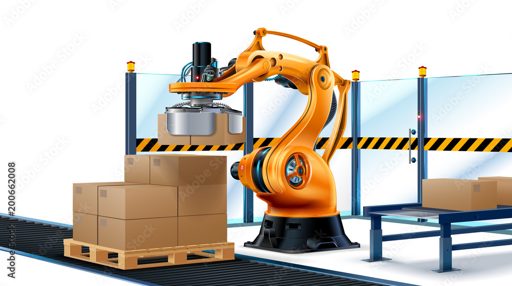 Robot Palletizing systems, Robotic arm loading cartons on pallet. Boxes ...