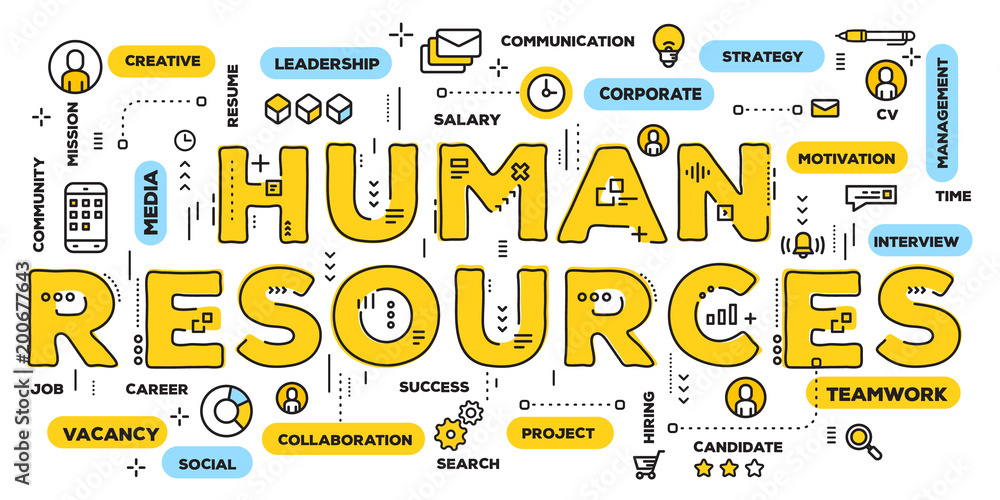 Vector creative illustration of human resources yellow word lettering ...