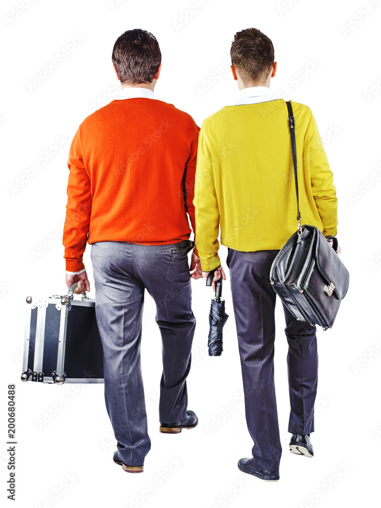 Back view of business man with suitcases. Standing young men in ...