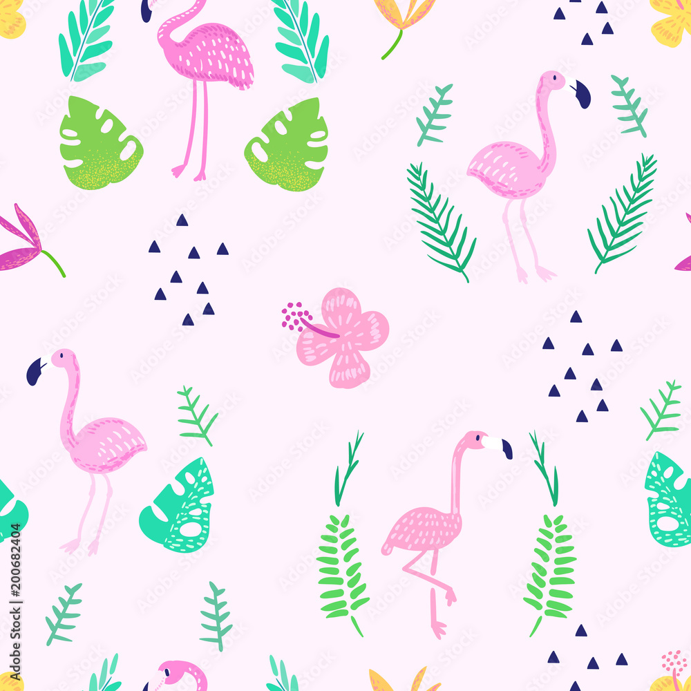 Tropical Seamless Pattern with Cute Flamingo and Exotic Flowers ...