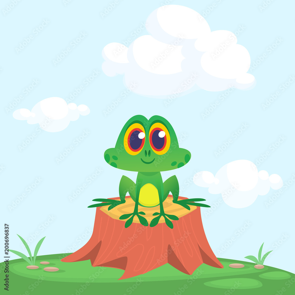 Funny Frog Cartoon Character sitting on tree stump on the meadow ...