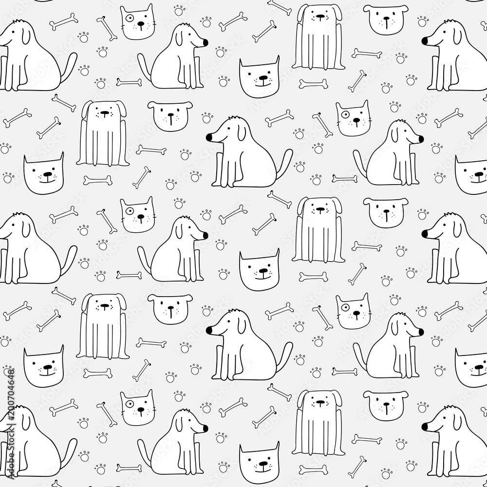Hand Drawn Cute Dogs Pattern Background. Vector Illustration. Stock ...