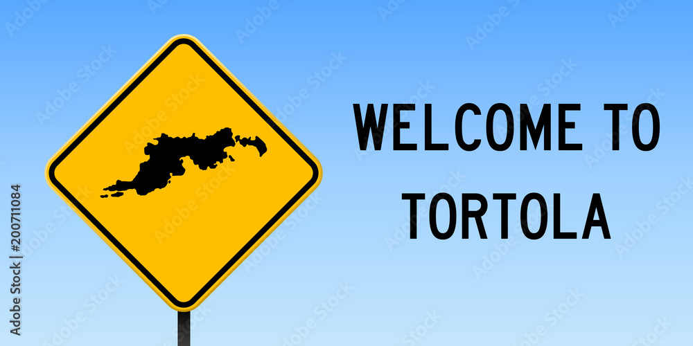 Tortola map on road sign. Wide poster with Tortola island map on yellow ...