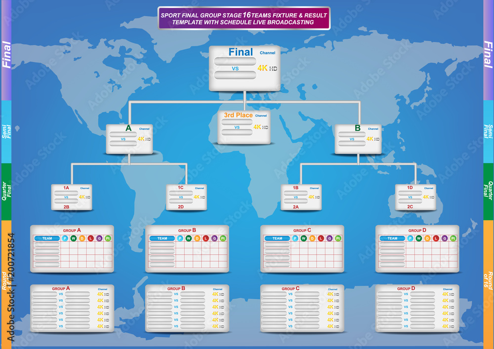 Sport fixture and result template for final round 16 teams group stage ...