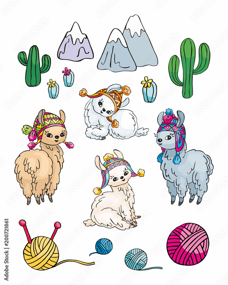 Little pretty llamas in doodle style. Colorful illustrations isolated ...