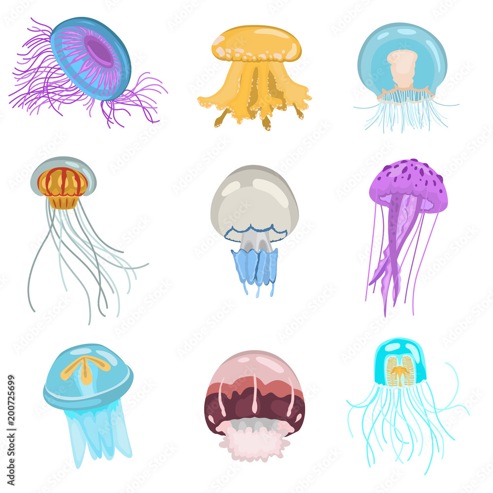 Set of different color flat jellyfish icons Stock Vector | Adobe Stock
