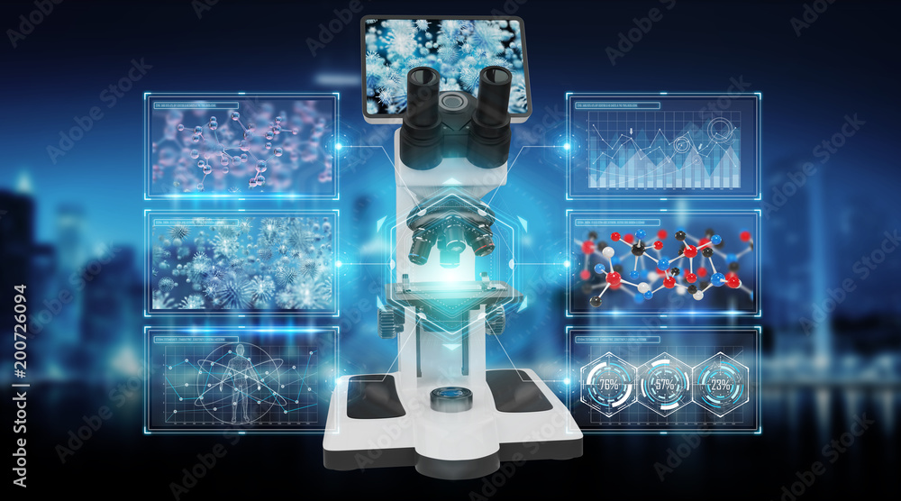 Modern digital microscope with screen analysis 3D rendering Stock ...