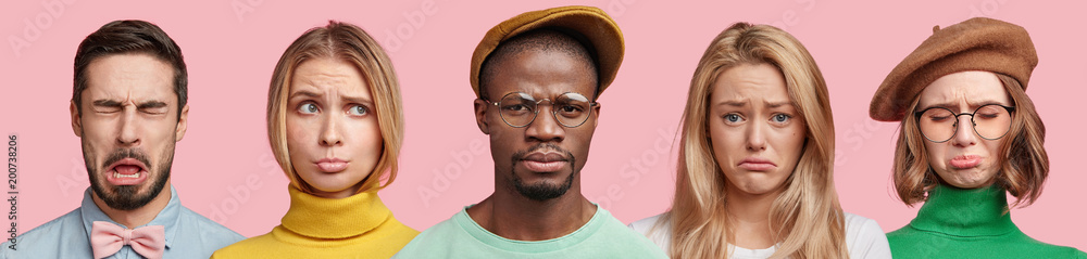 Group of diverse mixed race frustrated young people express negative ...