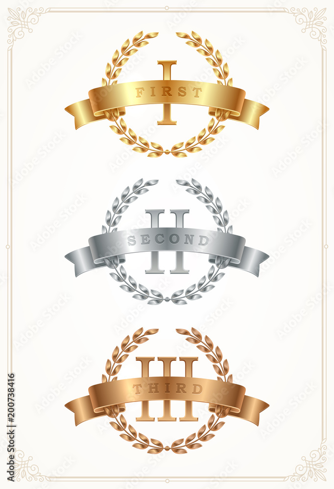 Set of rank emblems - gold, silver, bronze. First place, second place ...
