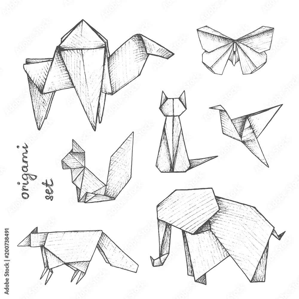 Origami - set of 7 gray paper figures of animals Stock Vector | Adobe Stock