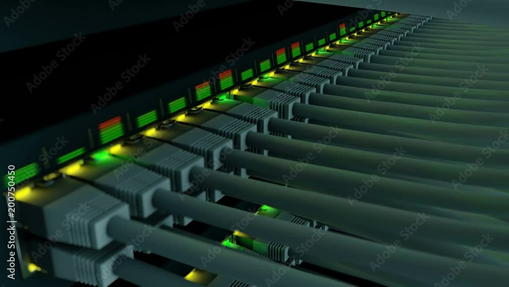 Network switch with 48 ports in a server rack. UTP patch cords plug in ...