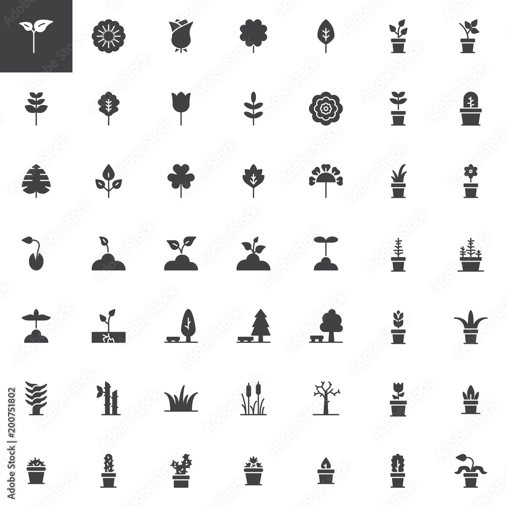 Plants and flowers vector icons set, modern solid symbol collection ...